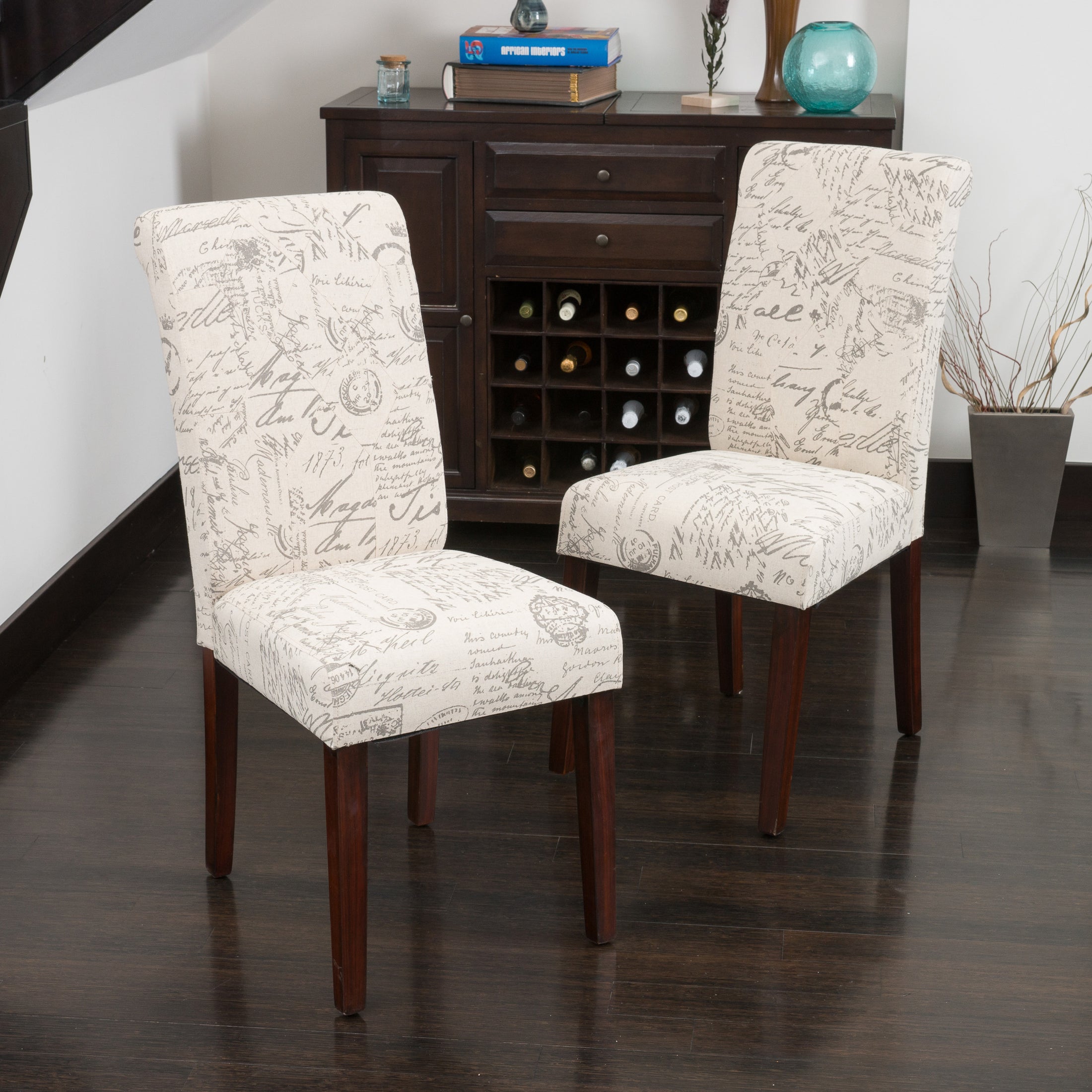 Cosette Script Printed Beige Linen Dining Chairs (Set of 2) – GDFStudio