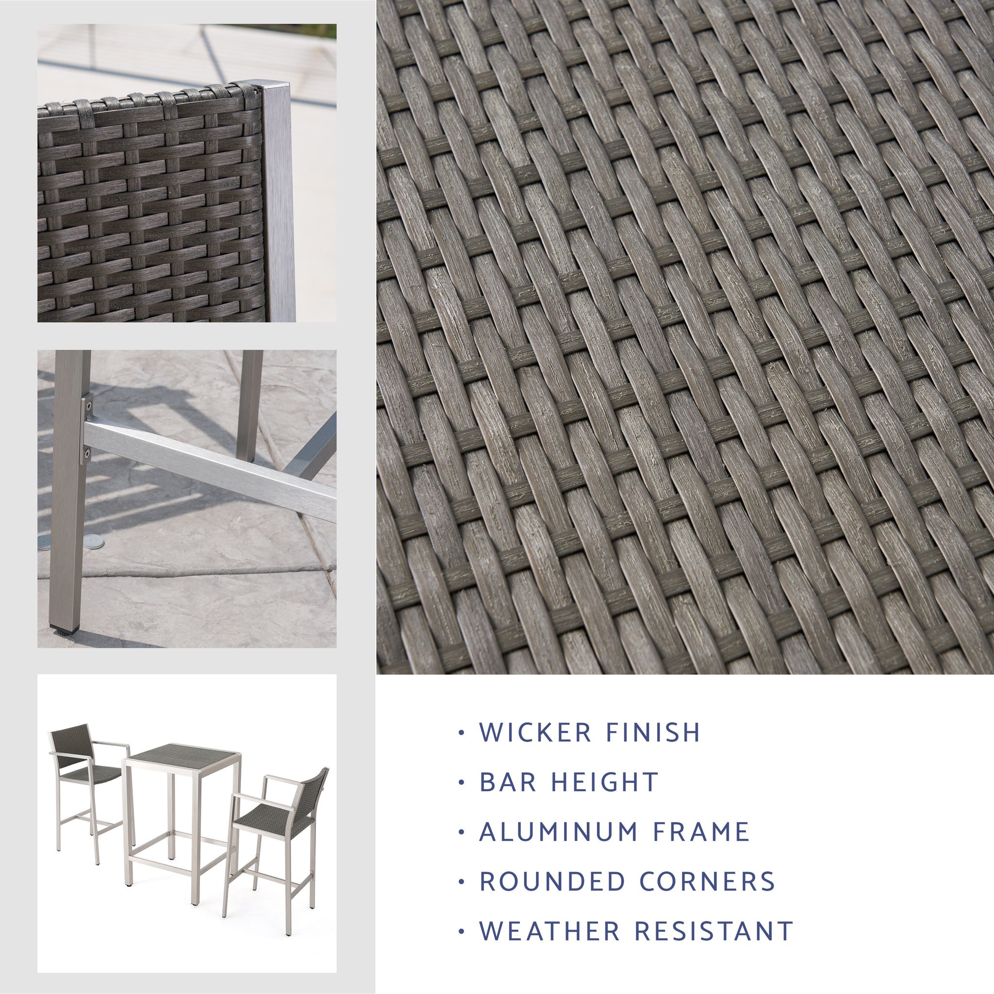 Capral Outdoor Modern 3-Piece Gray Wicker Bar Set with Aluminum Frame ...