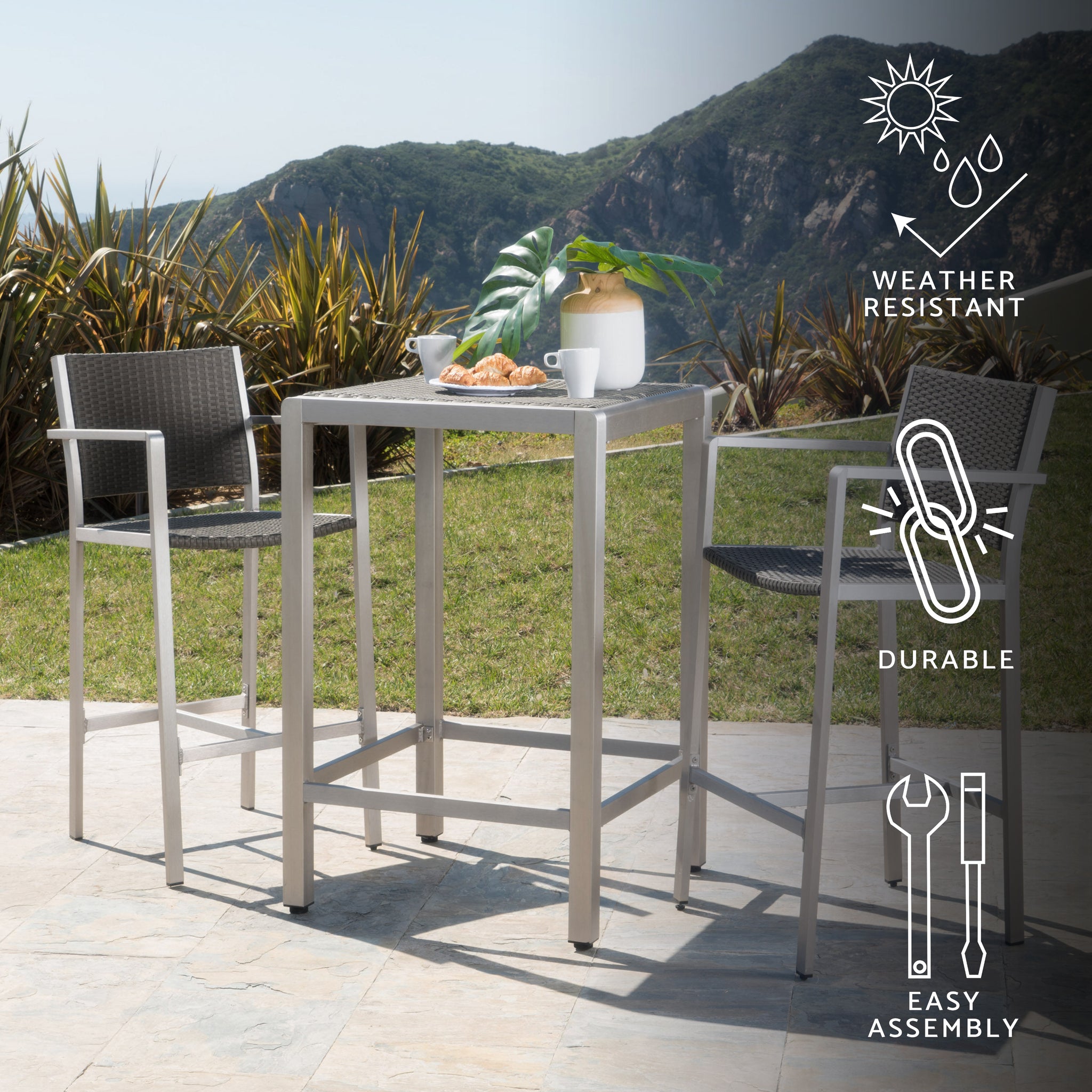 Capral Outdoor Modern 3-Piece Gray Wicker Bar Set with Aluminum Frame ...
