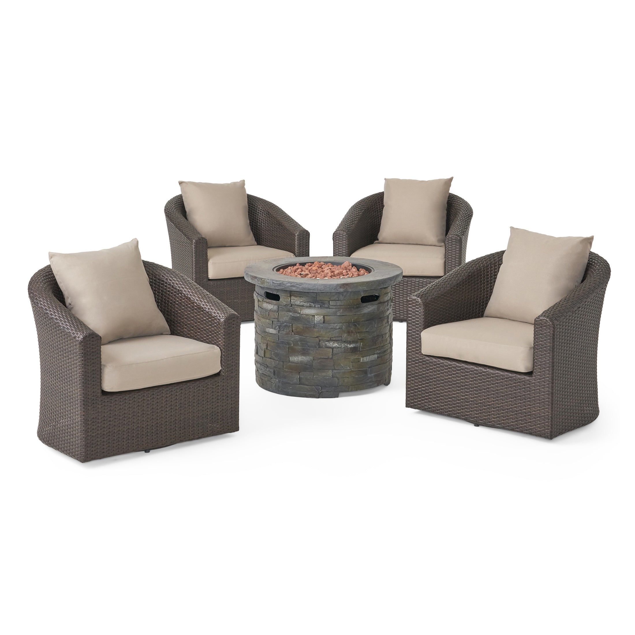 Gletchburg Outdoor 5 Piece Fire Pit Wicker Swivel Club Chair Chat Set ...