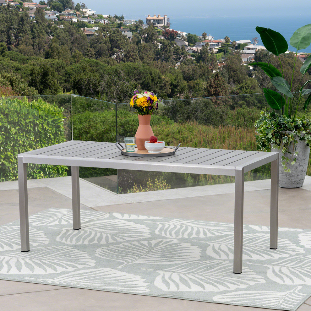 Coral Outdoor Aluminum Dining Table with Faux Wood Top, Gray Finish ...