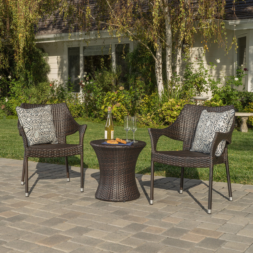 Tahitian Outdoor 3 Piece Multi-Brown Wicker Chat Set with Stacking Cha ...