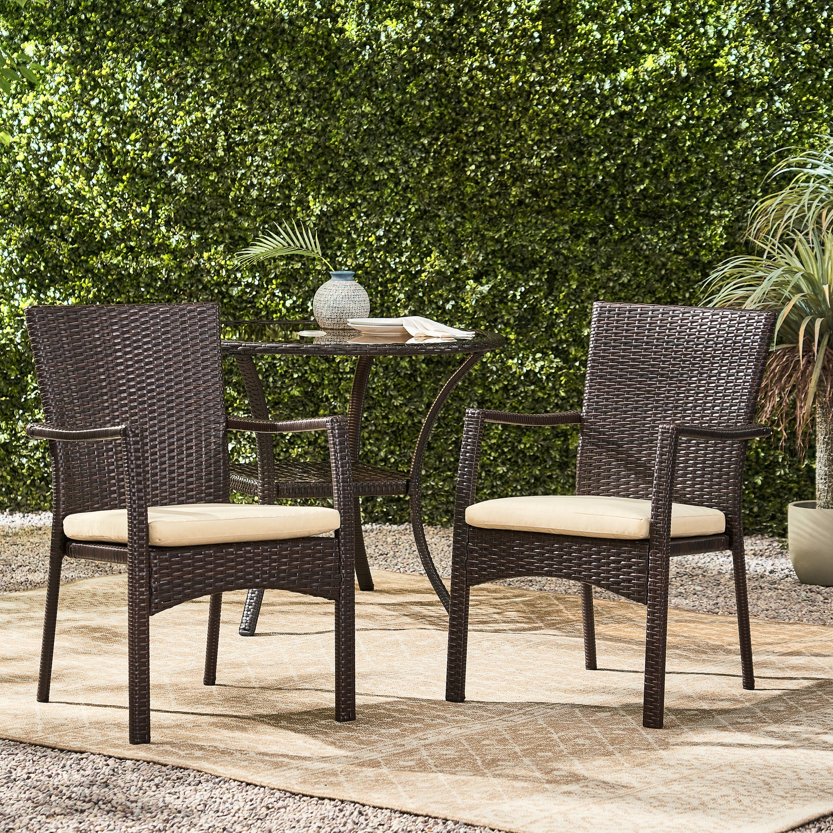 Melba Outdoor Brown Wicker Dining Chair with Beige Cushion (Set of 2 ...