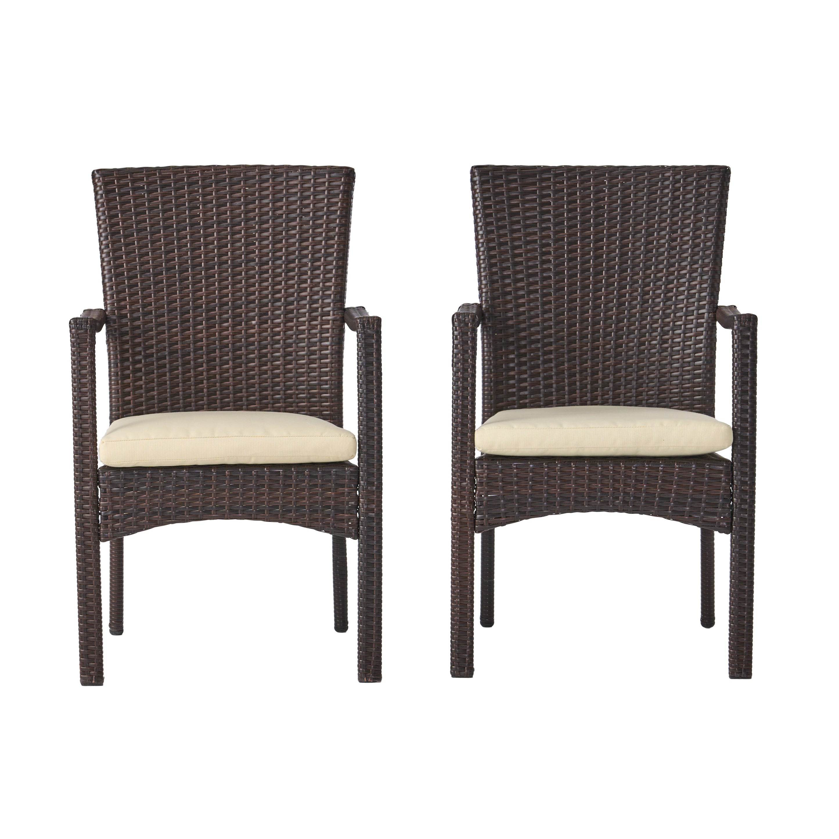 Melba Outdoor Brown Wicker Dining Chair with Beige Cushion (Set of 2 ...