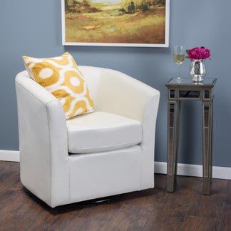 Corley Modern Upholstered Faux Leather Swivel Barrel Club Chair – GDFStudio