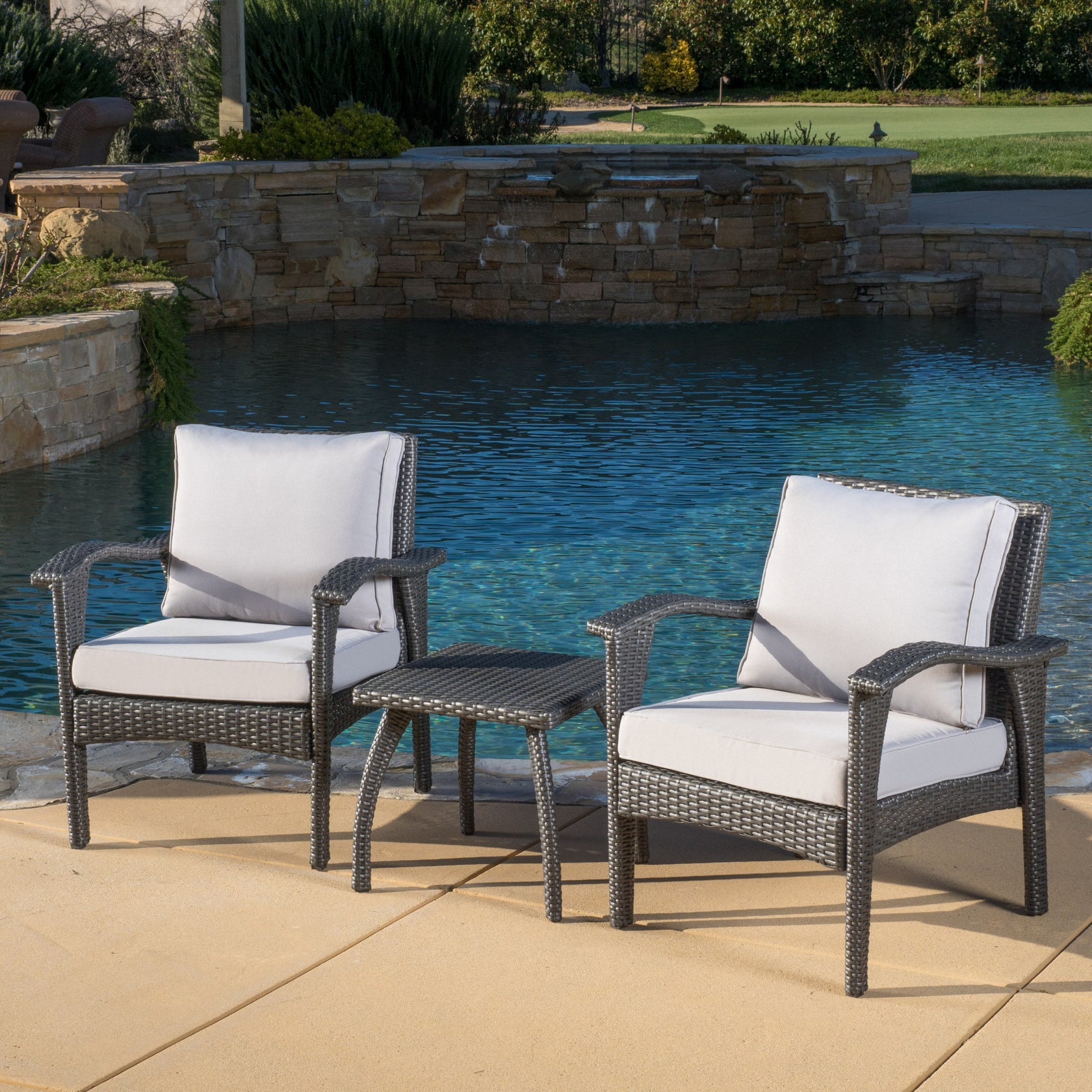 Outdoor 3-Piece Gray Wicker Chat Set with Silver Cushions – GDFStudio