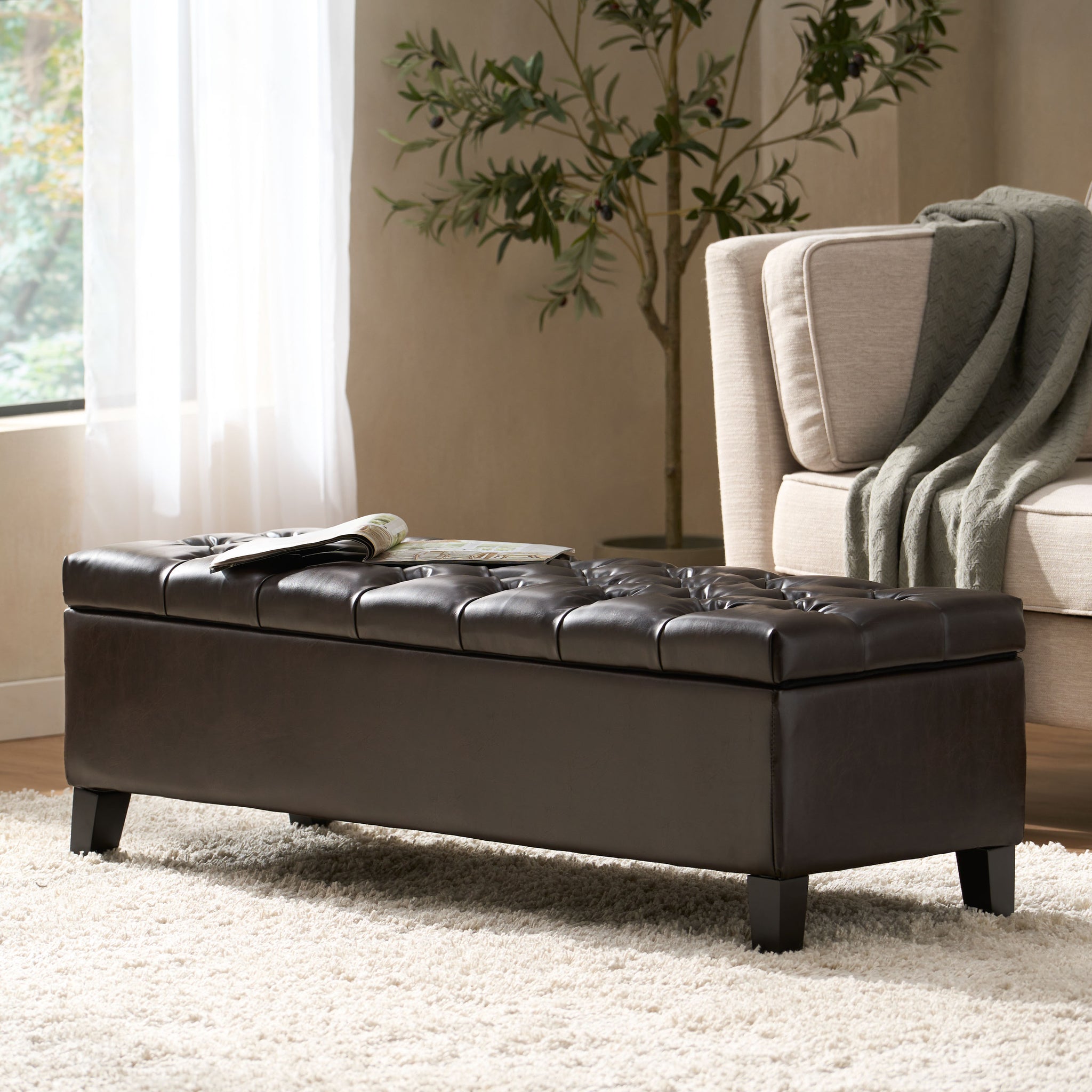Molle Contemporary Button-Tufted Leather Storage Ottoman Bench – GDFStudio
