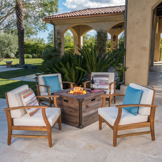 Belle Outdoor 4 Seat Fire Pit Chat Set with Teak Finished Acacia Wood ...