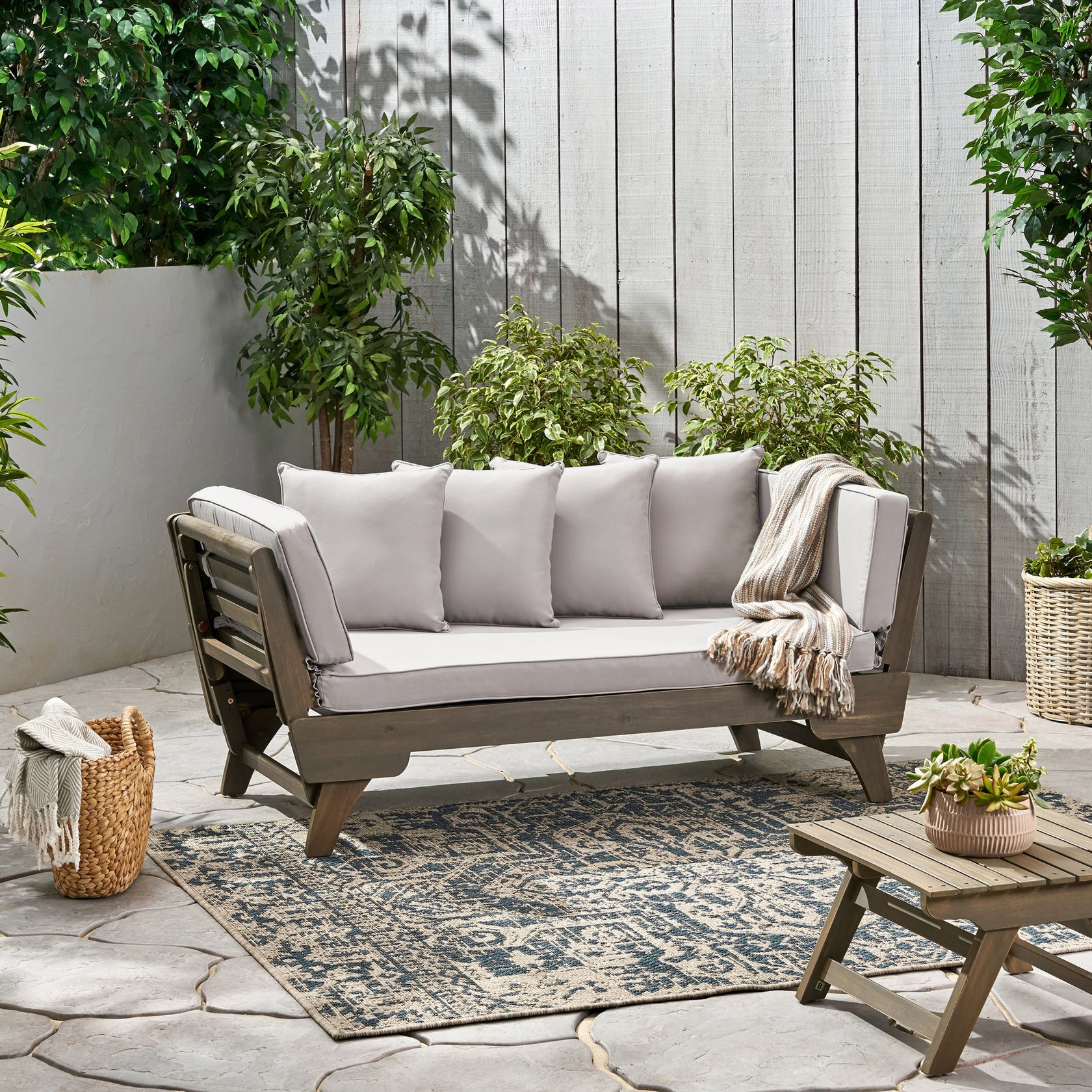 Othello Gray Acacia Convertible Outdoor Sofa Daybed – GDFStudio