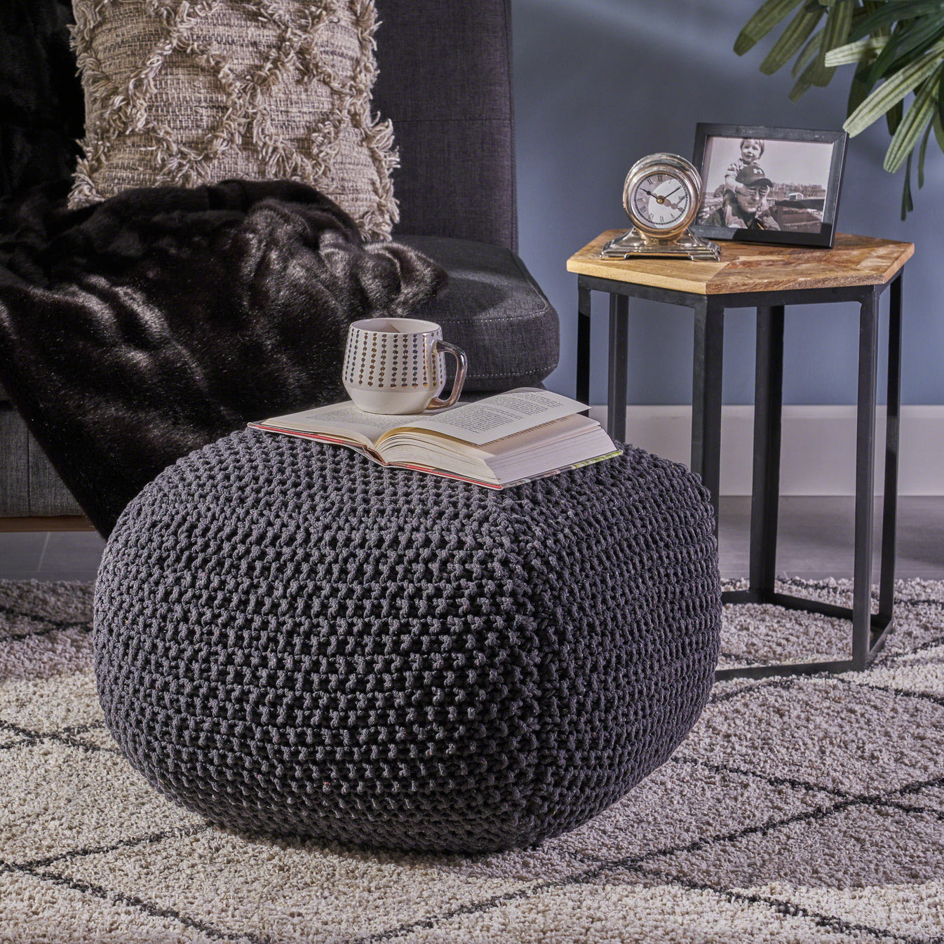 Joyce Knitted Cotton Square Pouf, Dark Grey – GDFStudio