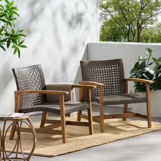 Viola Outdoor Wood and Wicker Club Chairs – GDFStudio