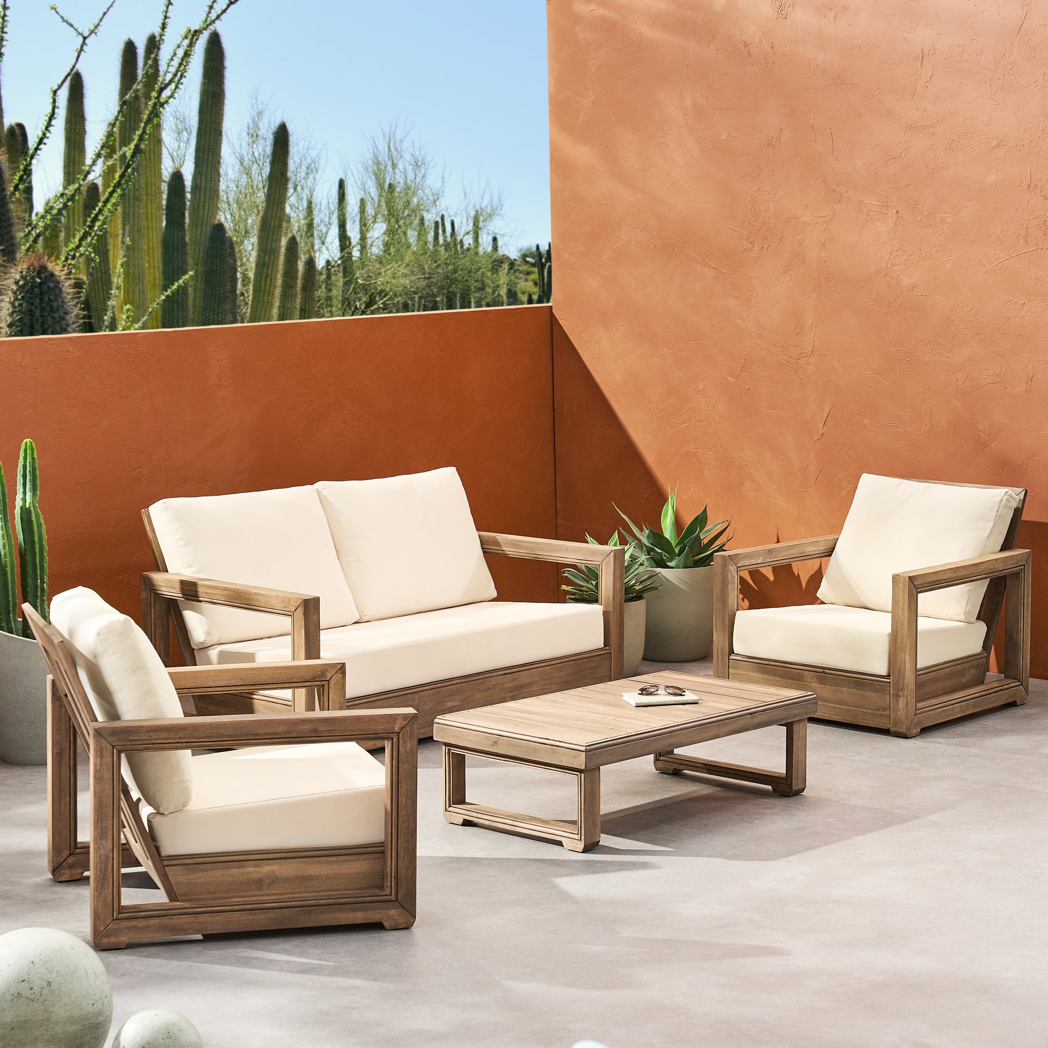 Andrae Outdoor 4 Seater Acacia Wood Chat Set with Water Resistant Cush ...