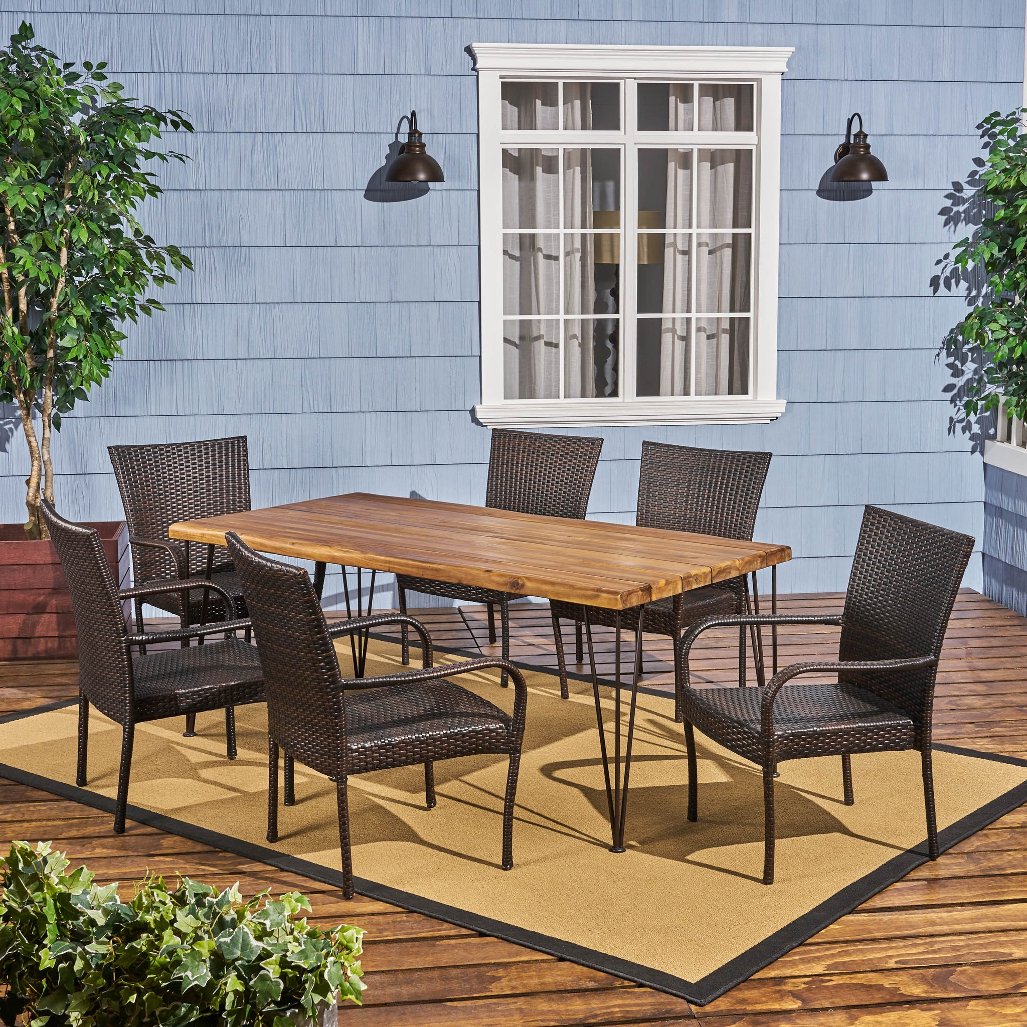 Rhys Outdoor Rustic Wood & Wicker Dining Set – GDFStudio