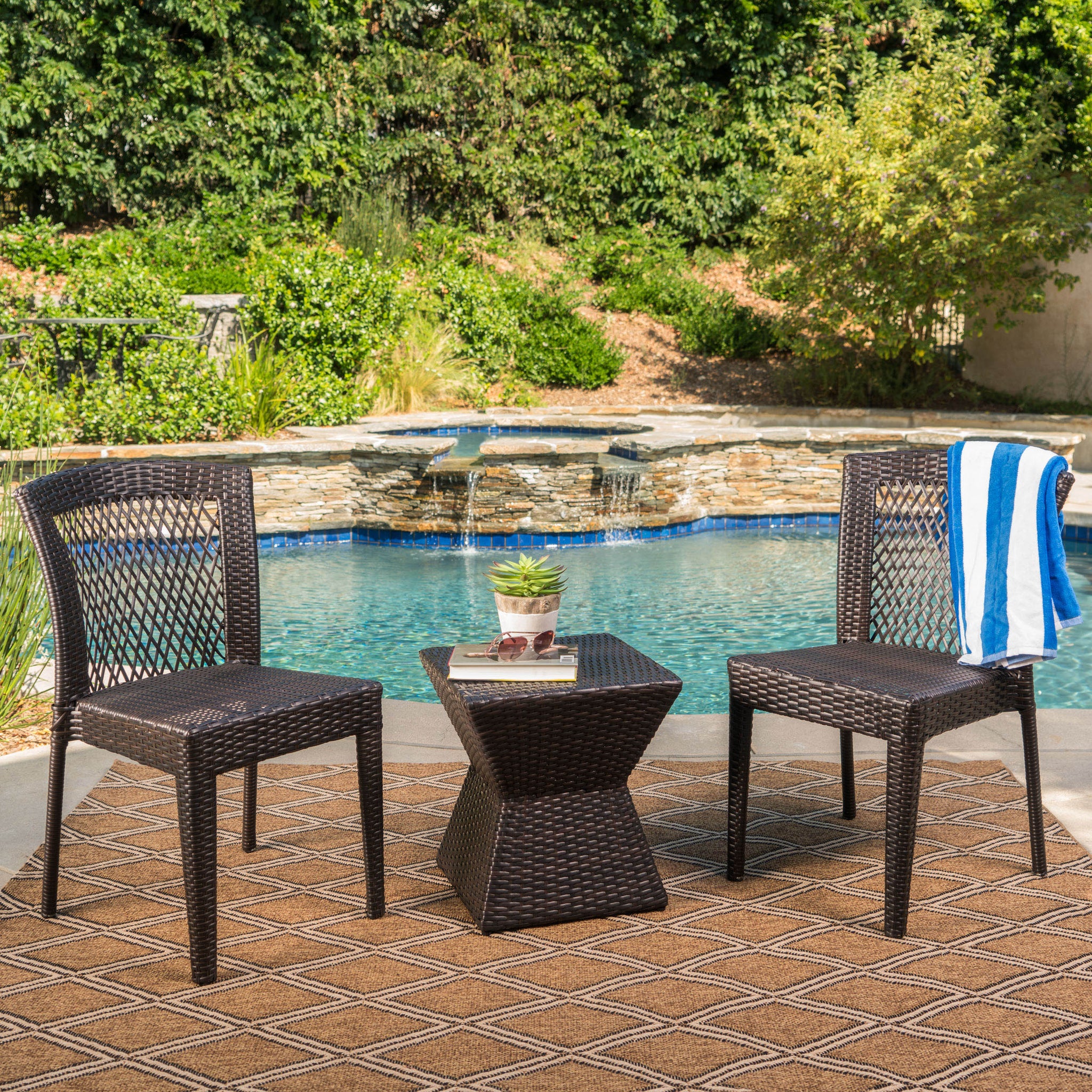Malsborough Outdoor 3 Piece Multi-Brown Wicker Chat Set with Stacking ...
