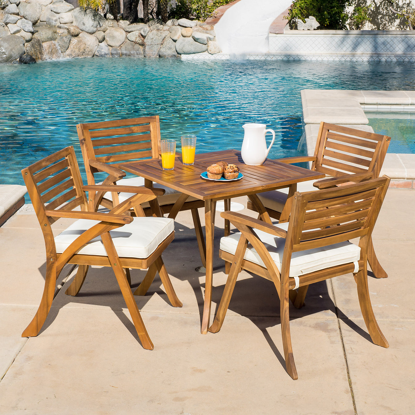 Deandra Outdoor 5-piece Wood Dining Set with Cushions – GDFStudio