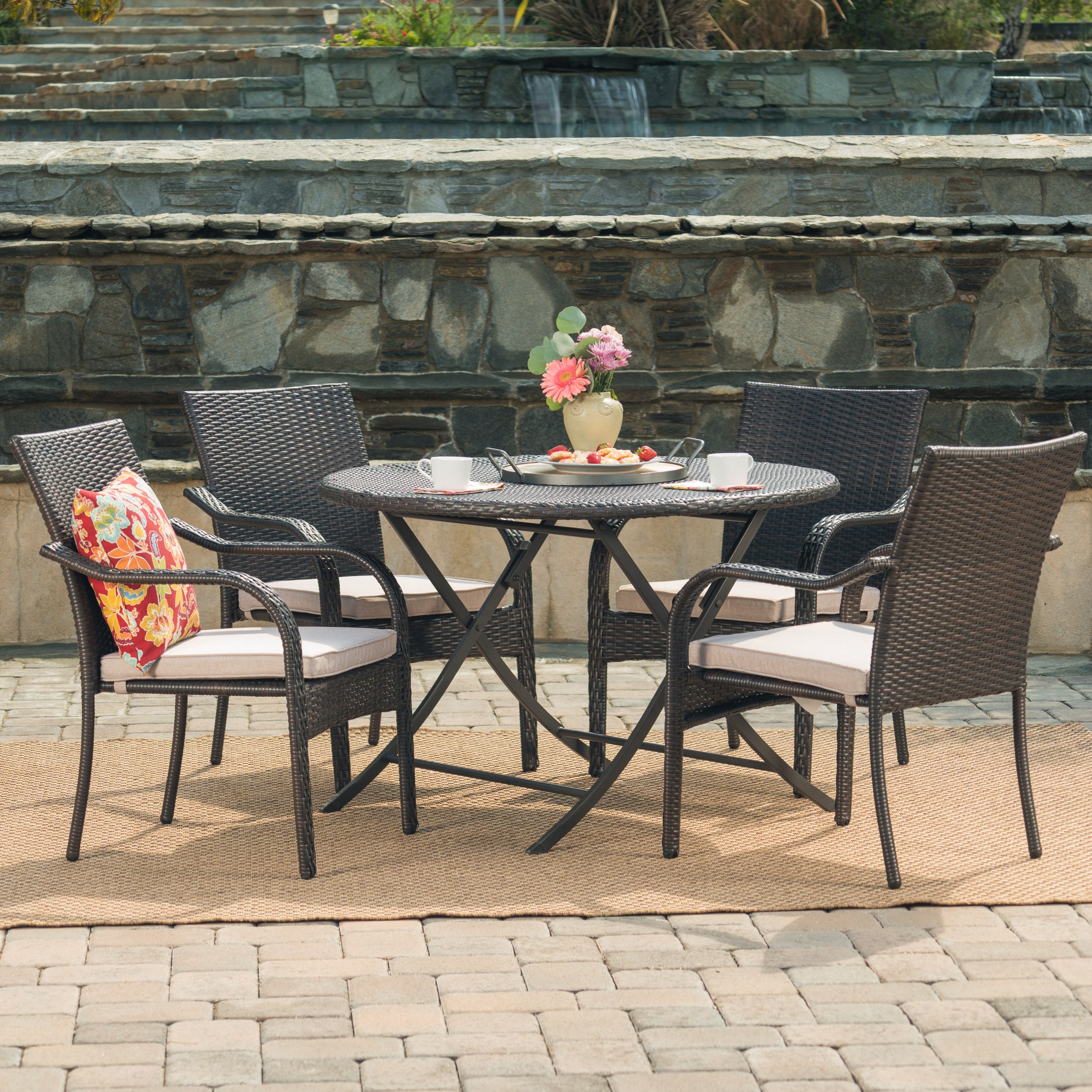 Toluca Outdoor 5 Piece Foldable Table and Stacking Chair Wicker Dining ...