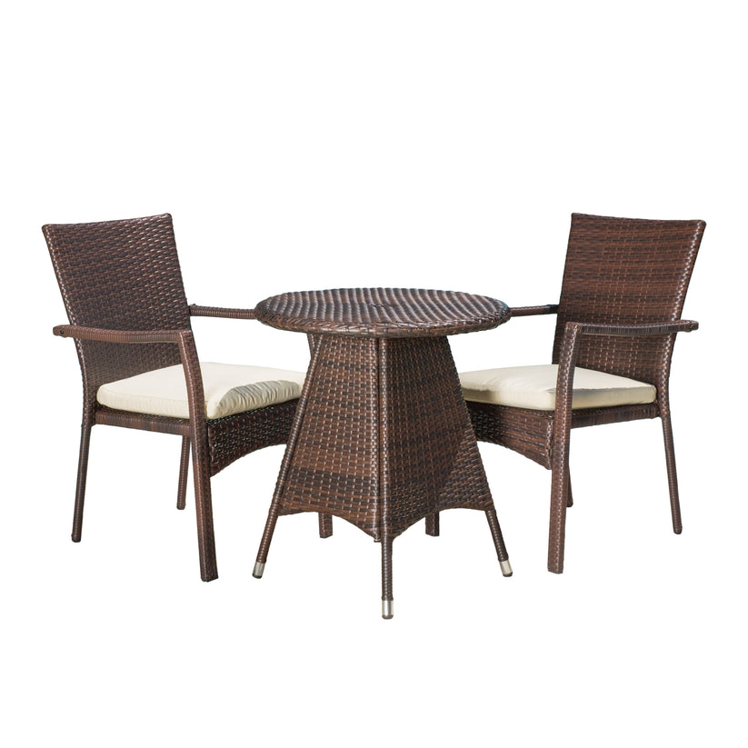 Foster Outdoor 3-piece Wicker Bistro Set with Cushions – GDFStudio