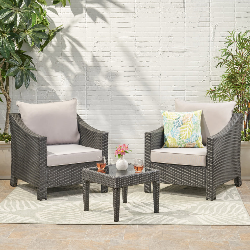 Antibes Outdoor 3pc Grey Polyethylene Chat Set – GDFStudio