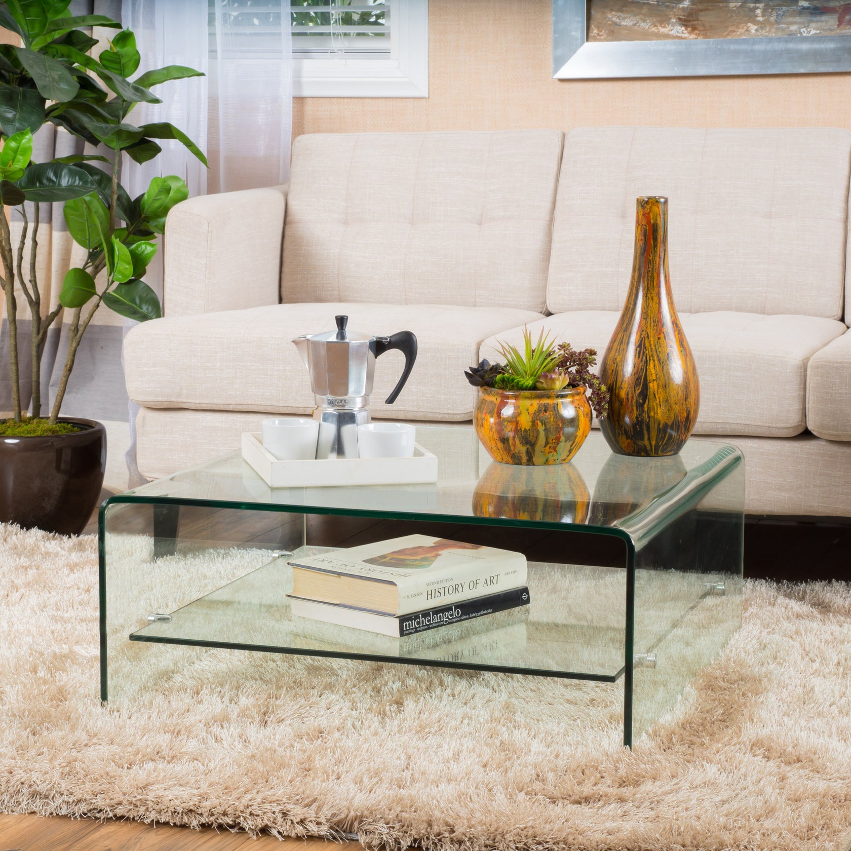 Classon Modern Square Tempered Glass Coffee Table with Shelf – GDFStudio