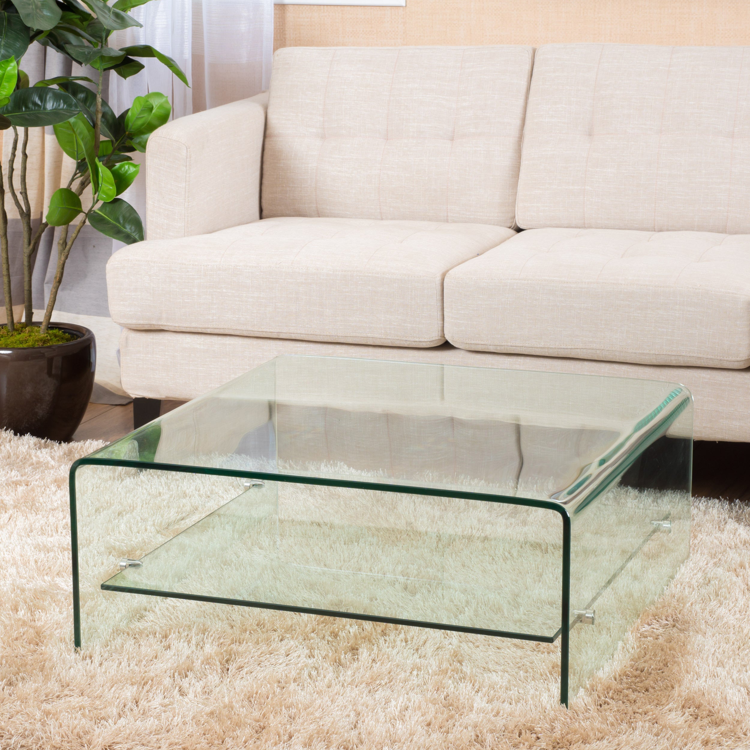 Classon Modern Square Tempered Glass Coffee Table with Shelf – GDFStudio