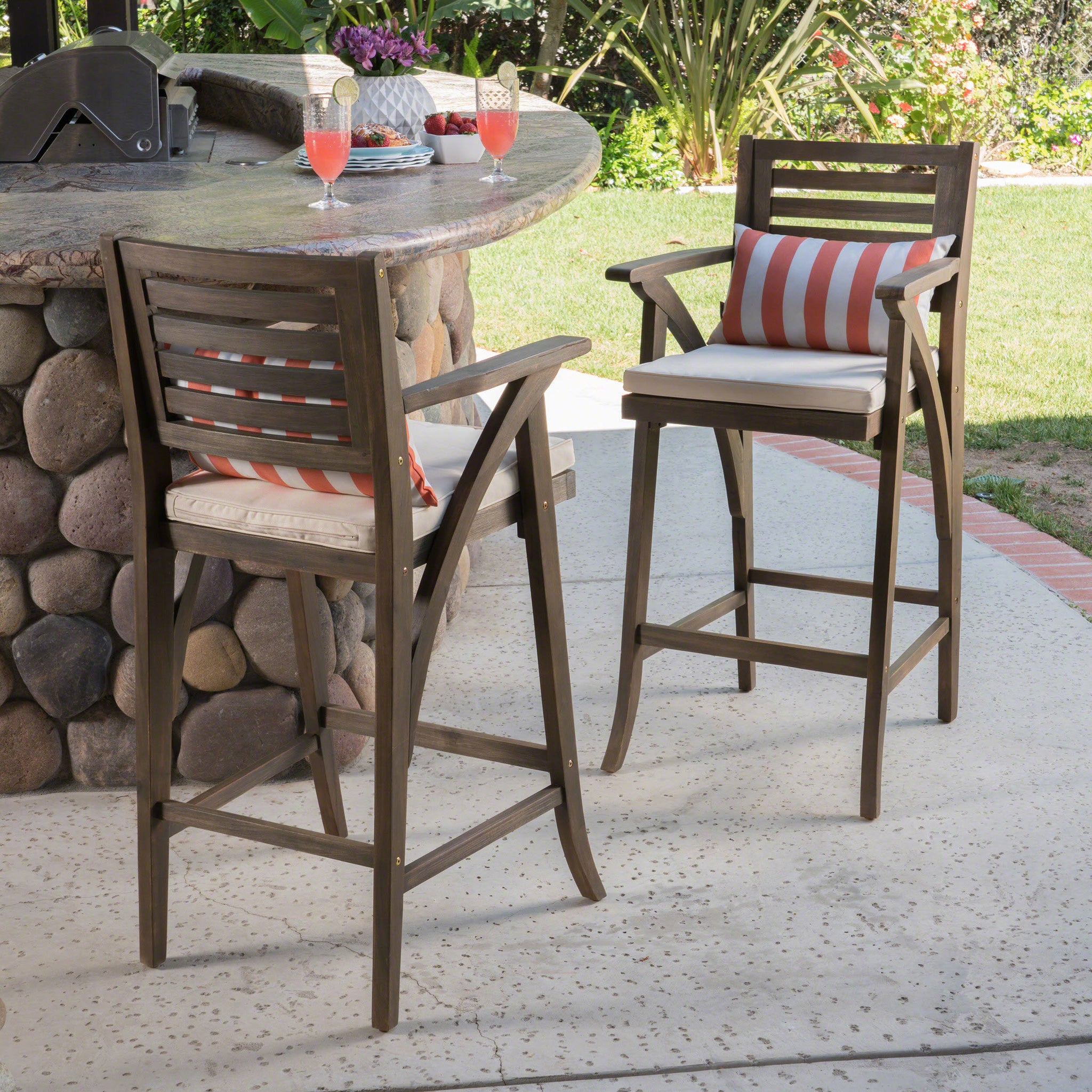 Joye Outdoor Acacia Wood Barstool (Set of 2), Grey with Cream Cushion ...