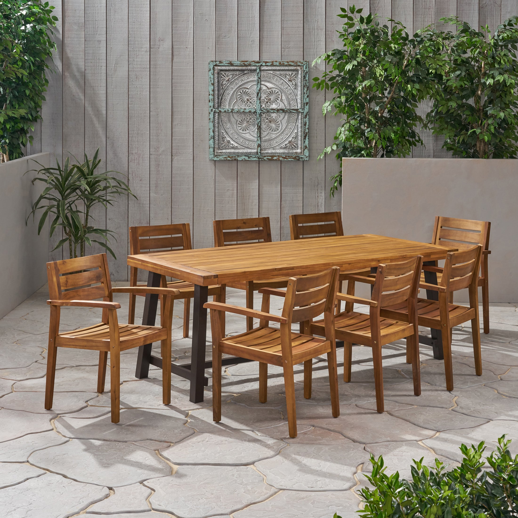 Kelly Outdoor Acacia Wood 8 Seater Dining Set – GDFStudio