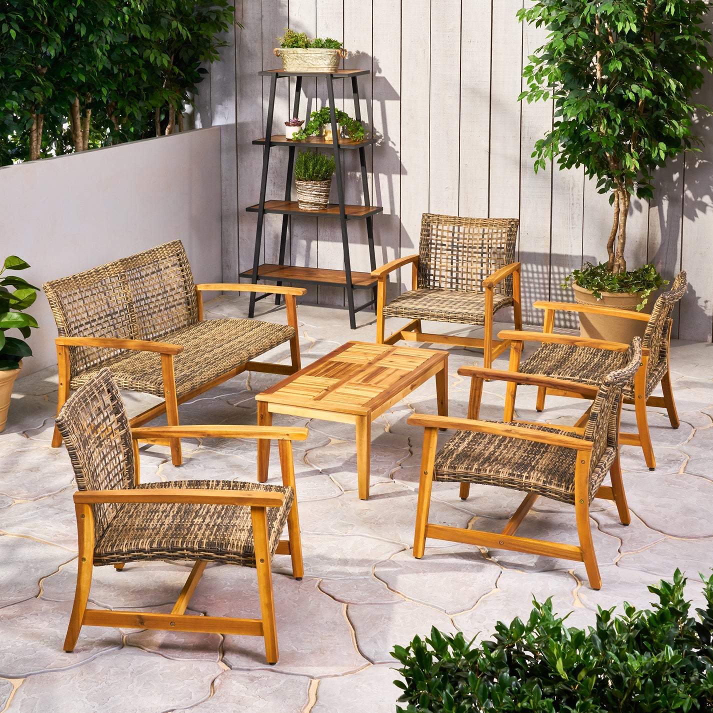 Levant Outdoor 6 Piece Wood and Wicker Chat Set – GDFStudio