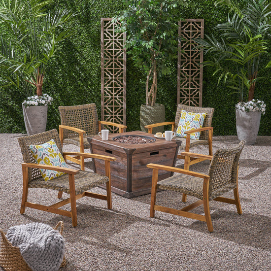 Levant Outdoor 4-Seater Wood and Wicker Club Chair Set with Fire Pit ...
