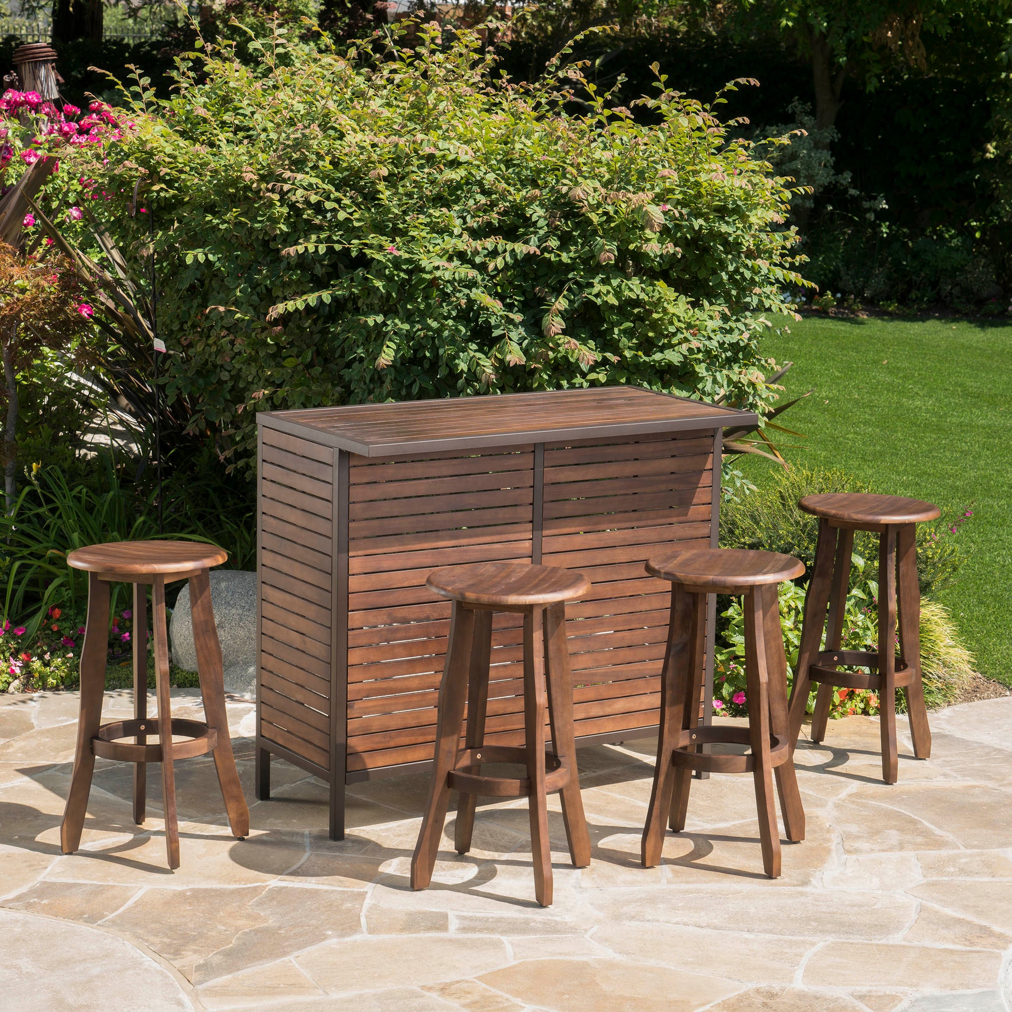 Pierre Outdoor 5 Piece Dark Brown Finished Acacia Wood Bar Set – GDFStudio