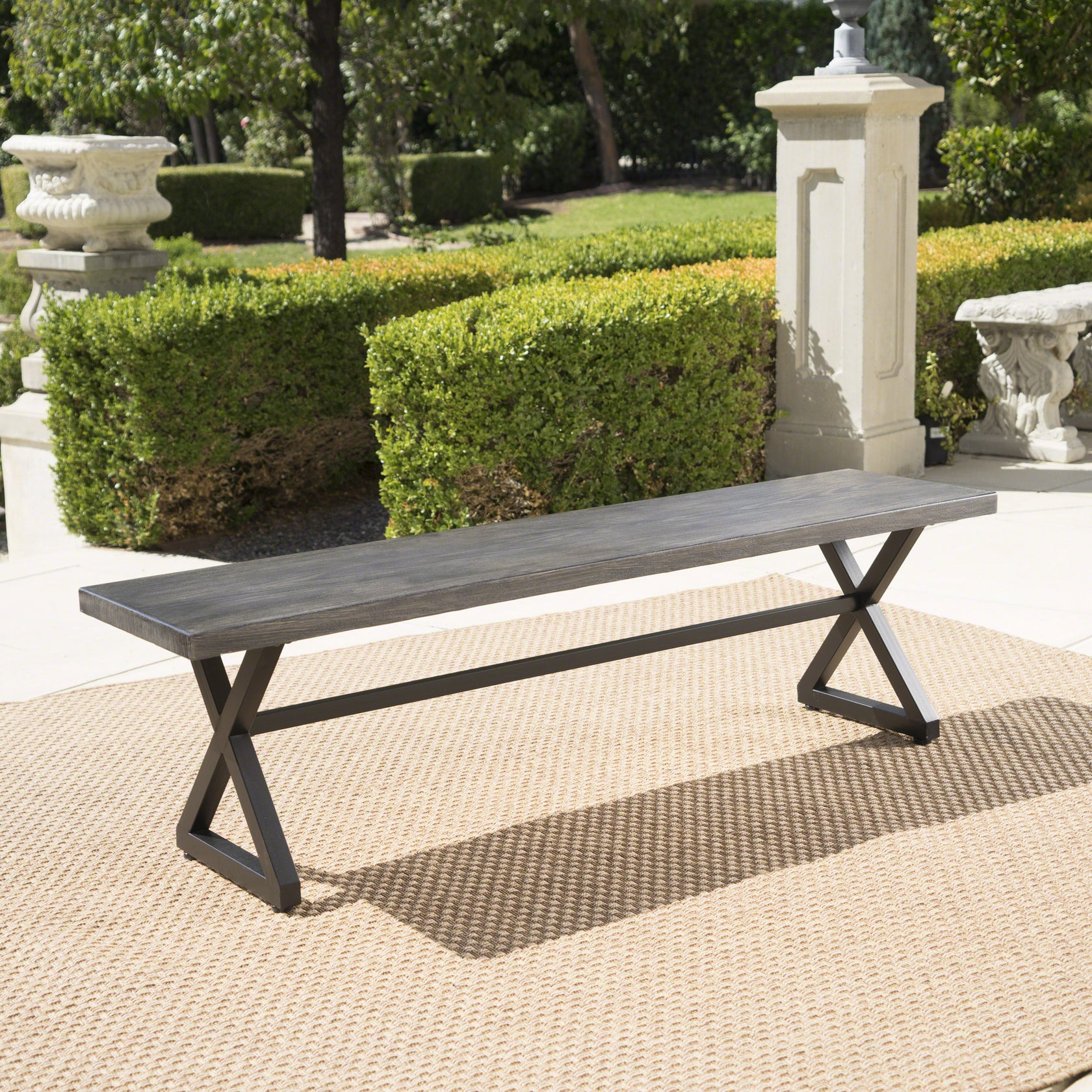 Rosarito Outdoor Aluminum Dining Bench with Black Steel Frame – GDFStudio