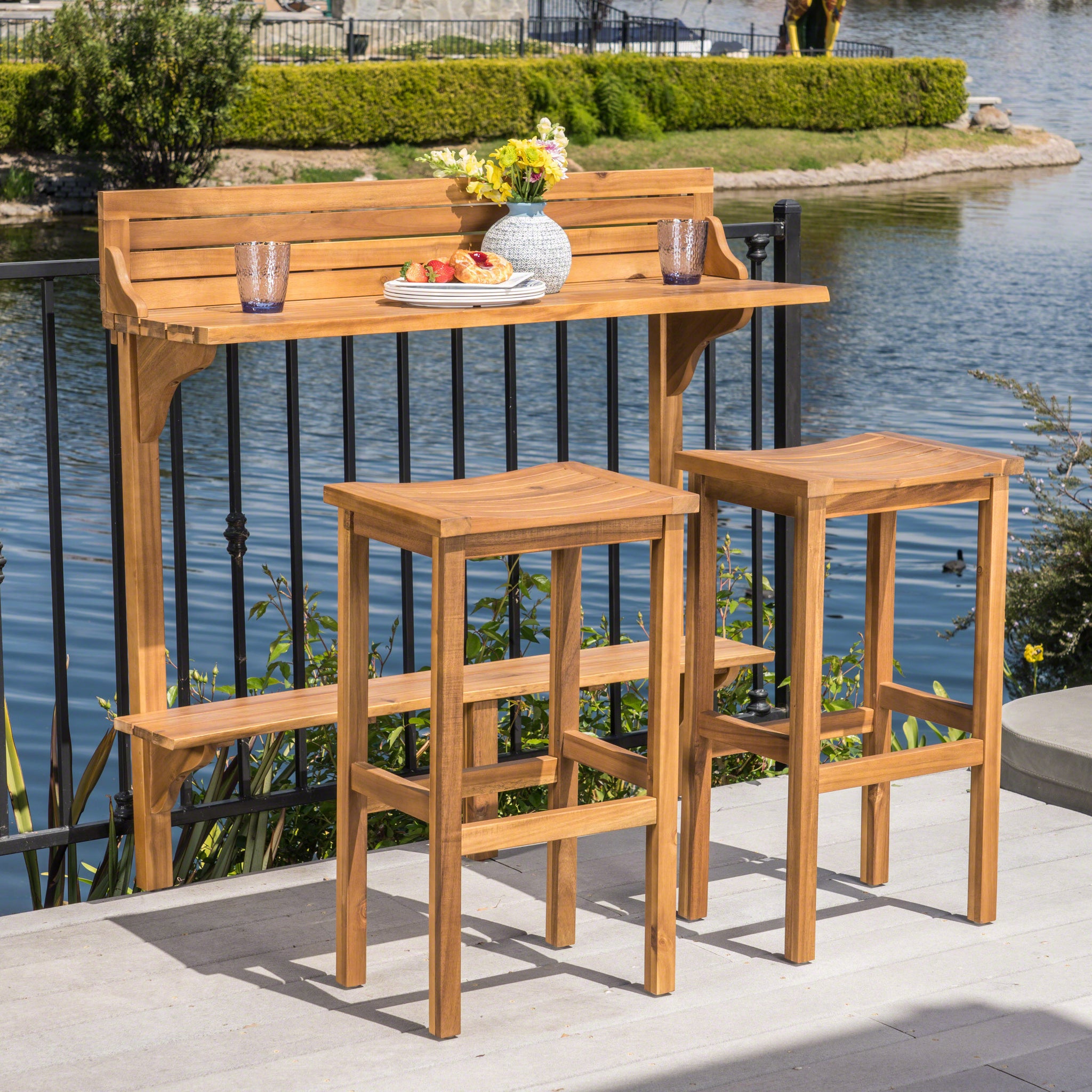 Pensacola Outdoor 3 Piece Acacia Wood Balcony Bar Set – GDFStudio