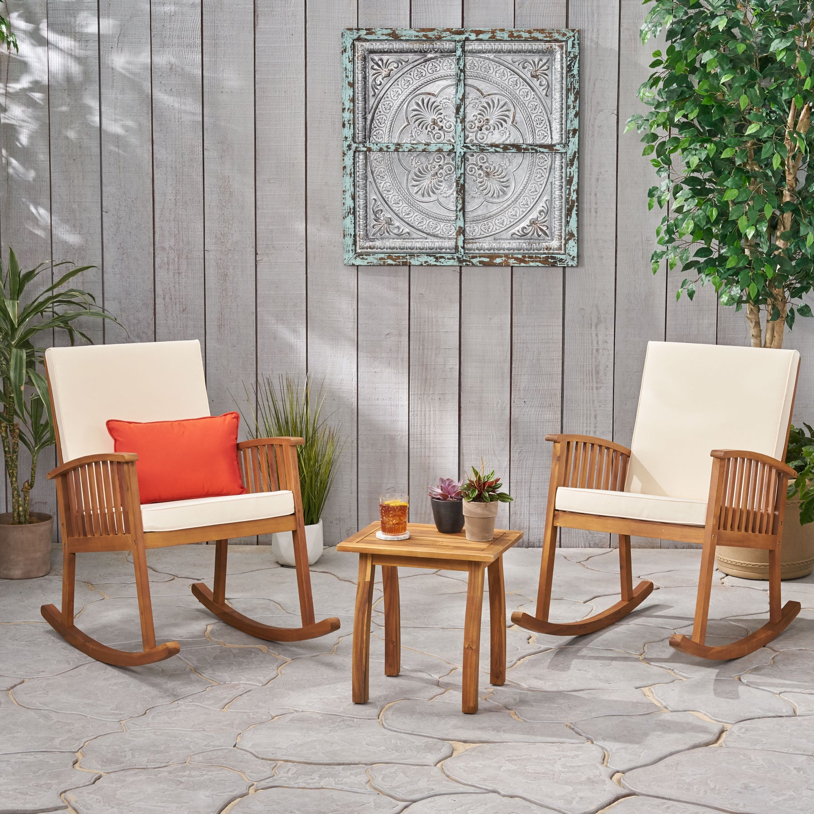 Sandy Outdoor Acacia Wood 2 Seater Rocking Chairs and Side Table Set ...
