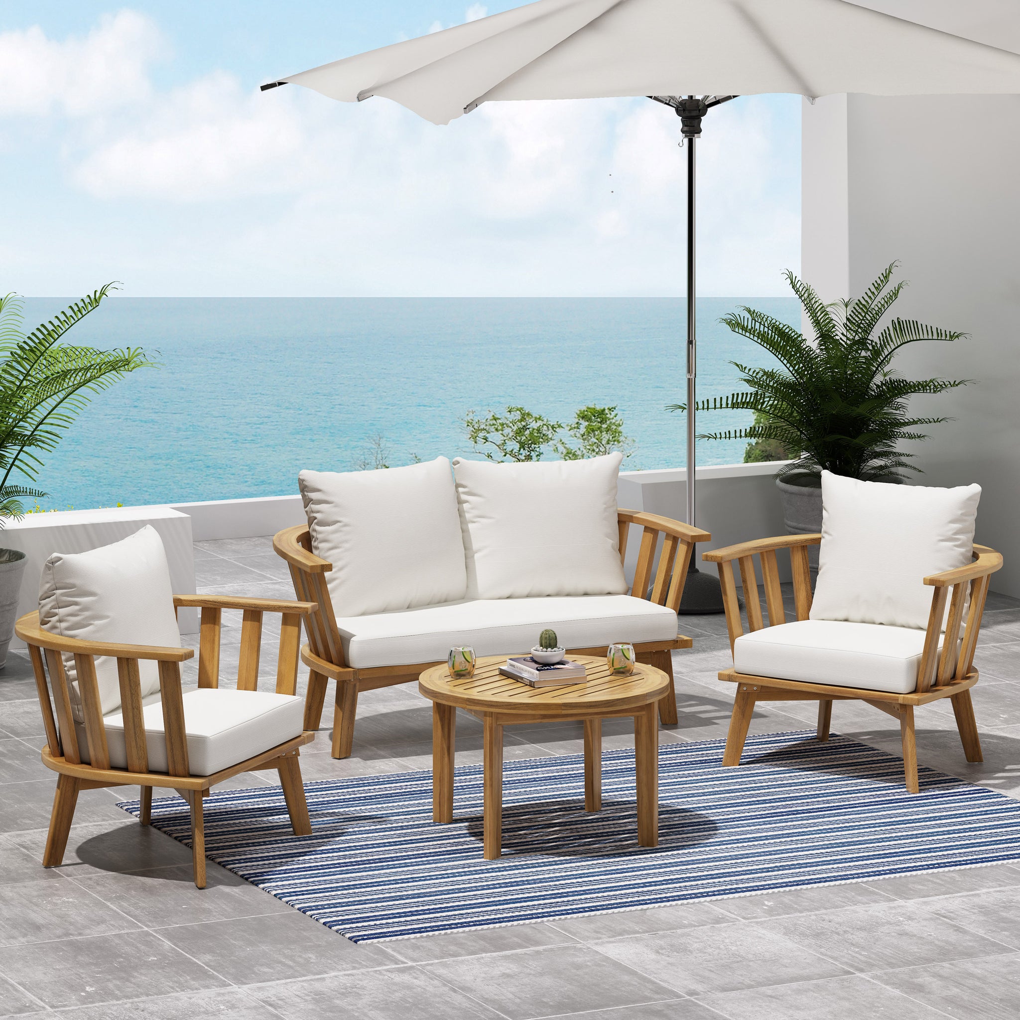 Laiah Outdoor Wooden Chat Set with Round Coffee Table – GDFStudio