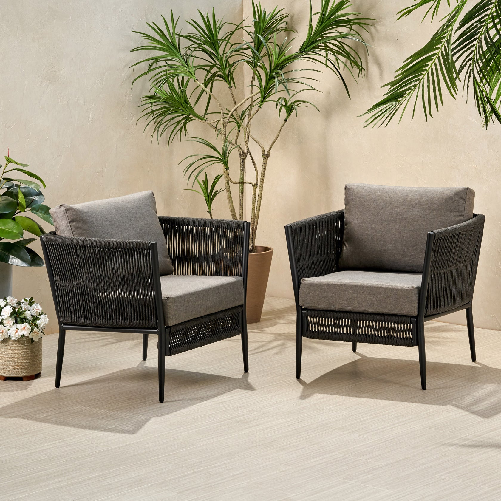 Sefora Outdoor Rope Club Chair with Cushions (Set of 2) – GDFStudio