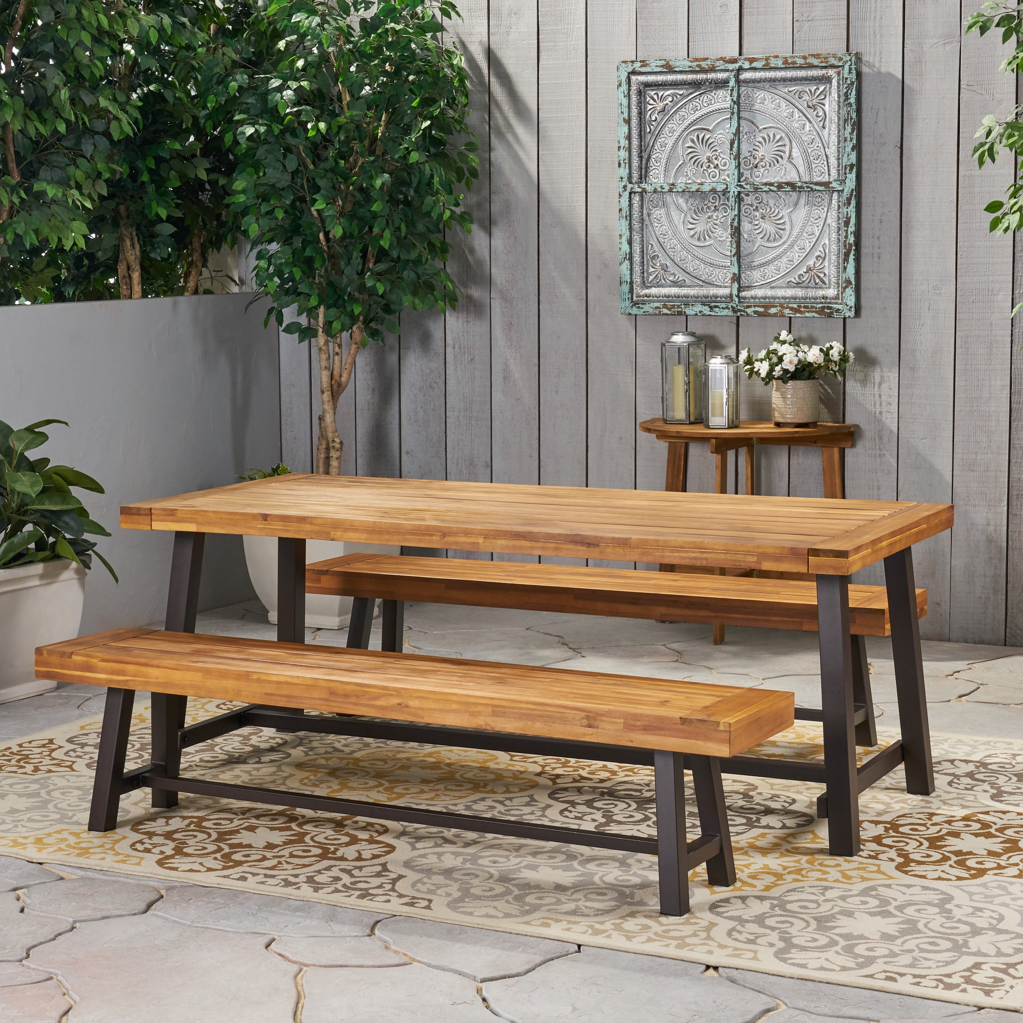 Bowman Farmhouse Outdoor Acacia Wood Picnic Dining Set – GDFStudio