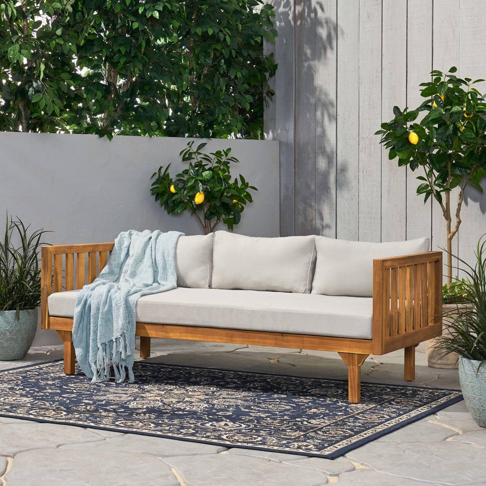 Fonzo Outdoor 3 Seater Acacia Wood Daybed – GDFStudio