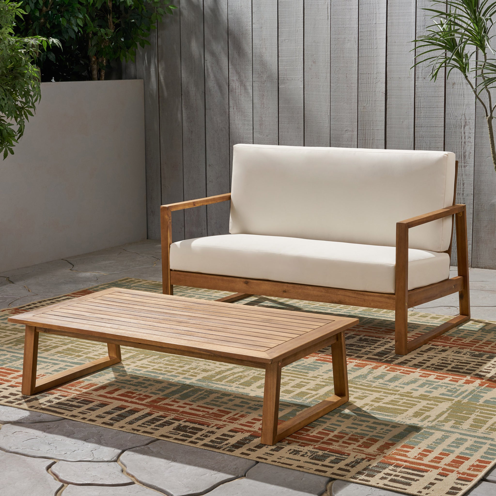 Marlee Outdoor Acacia Wood Chat Set with Coffee Table – GDFStudio