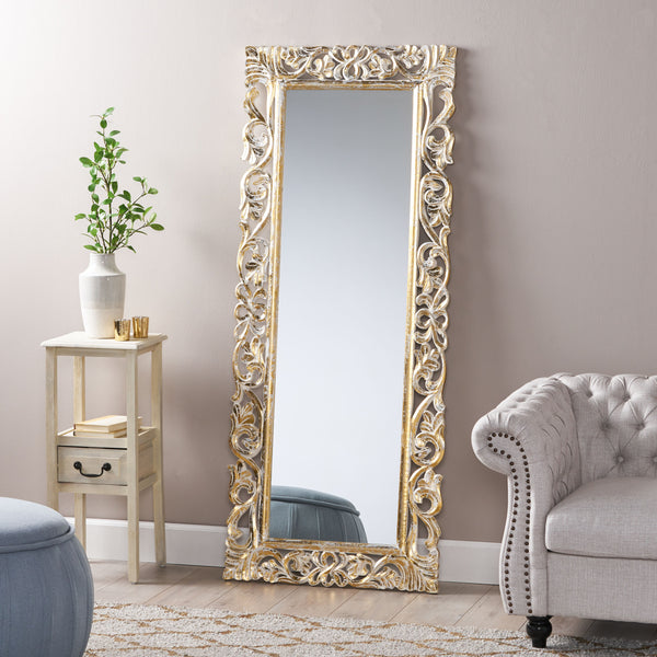 Sarah Traditional Standing Mirror with Floral Carved Frame – GDFStudio