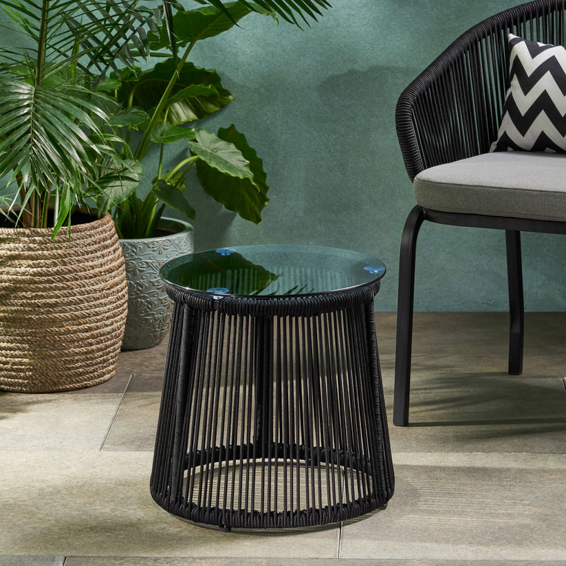 Laycee Modern Outdoor Rope Weave Side Table with Tempered Glass Top ...