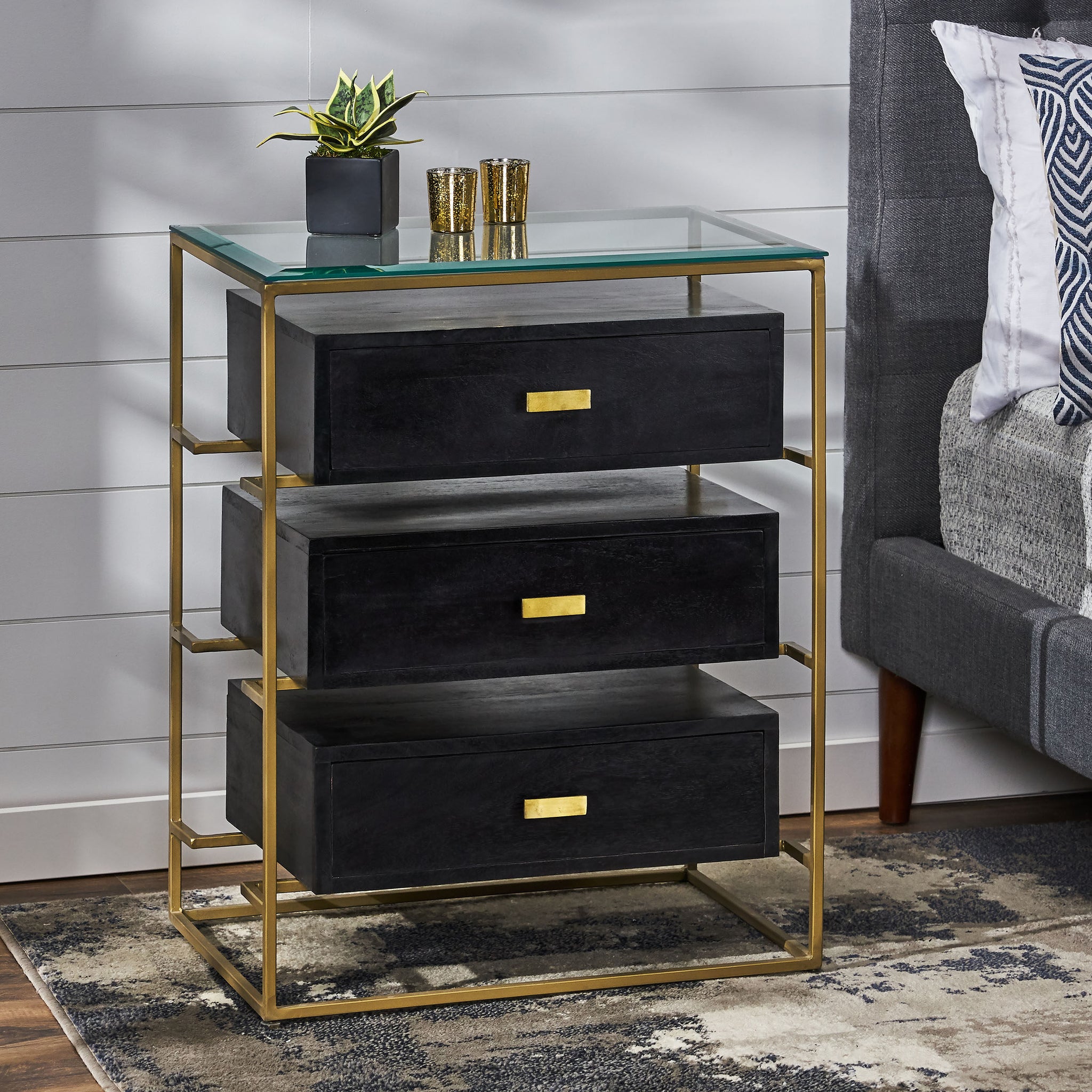 Sonne Modern Handcrafted 3 Drawer Glass Top Nightstand, Black and Bras ...