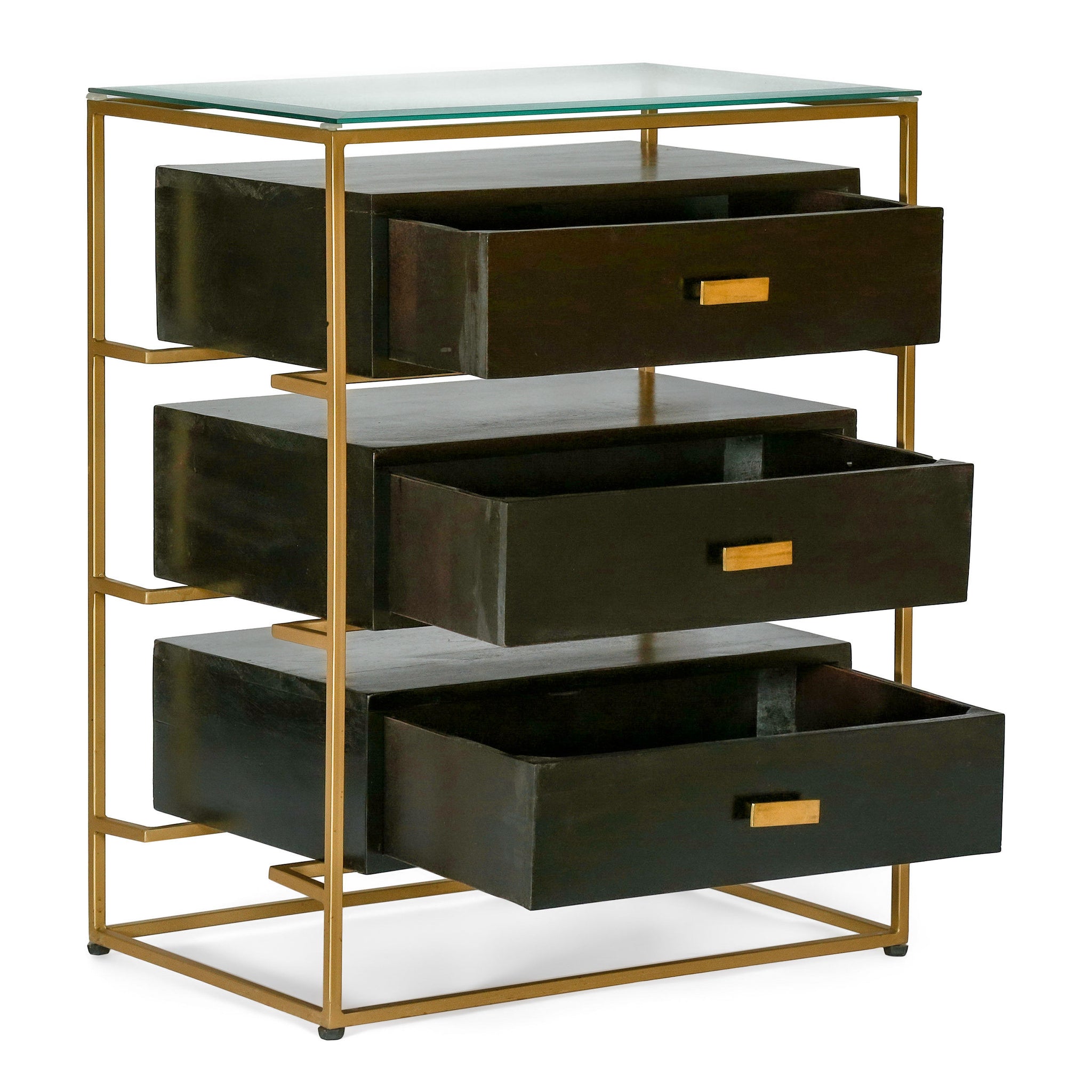 Sonne Modern Handcrafted 3 Drawer Glass Top Nightstand, Black and Bras ...