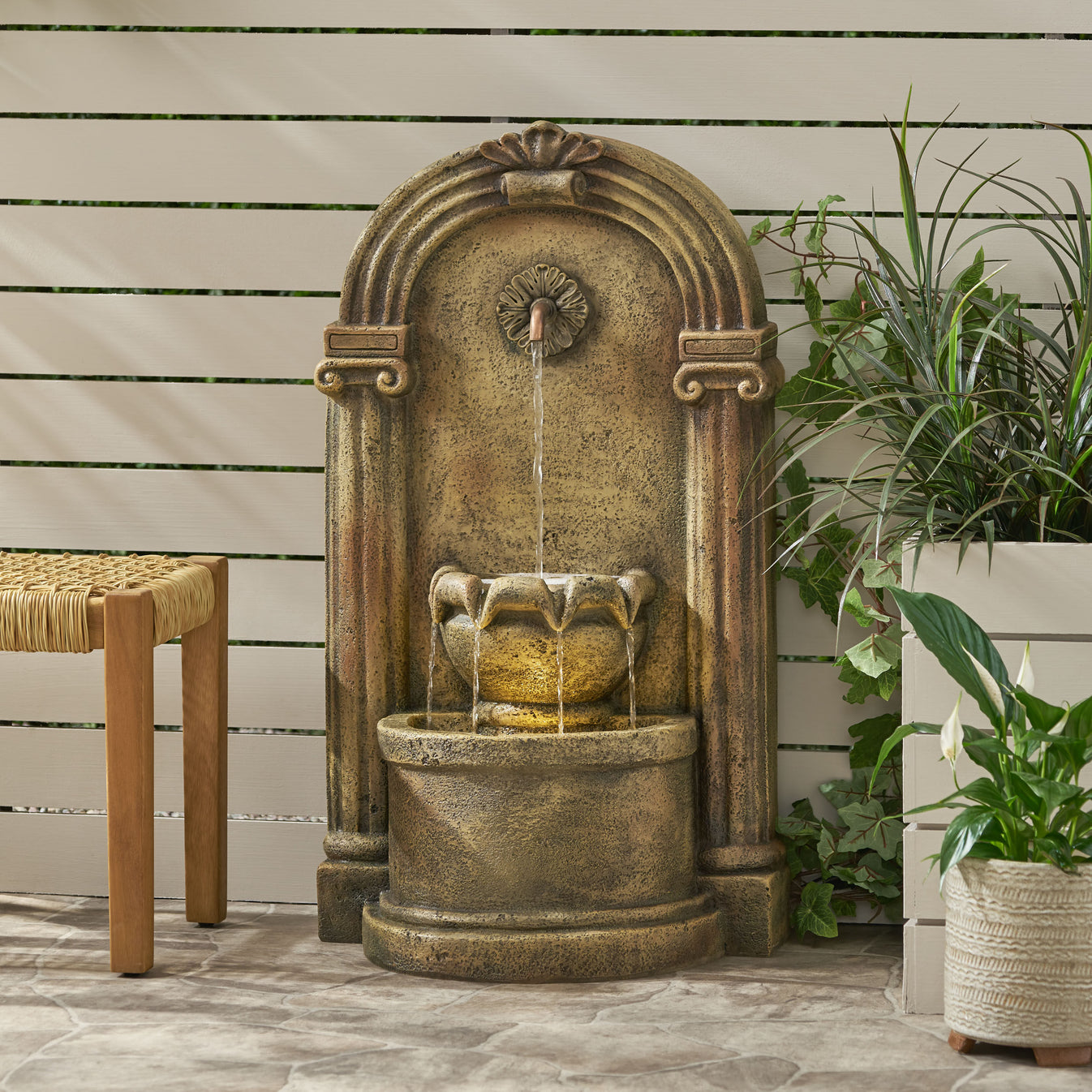 Sardis Outdoor 2-Tier Single Spout Fountain, Light Brown – GDFStudio