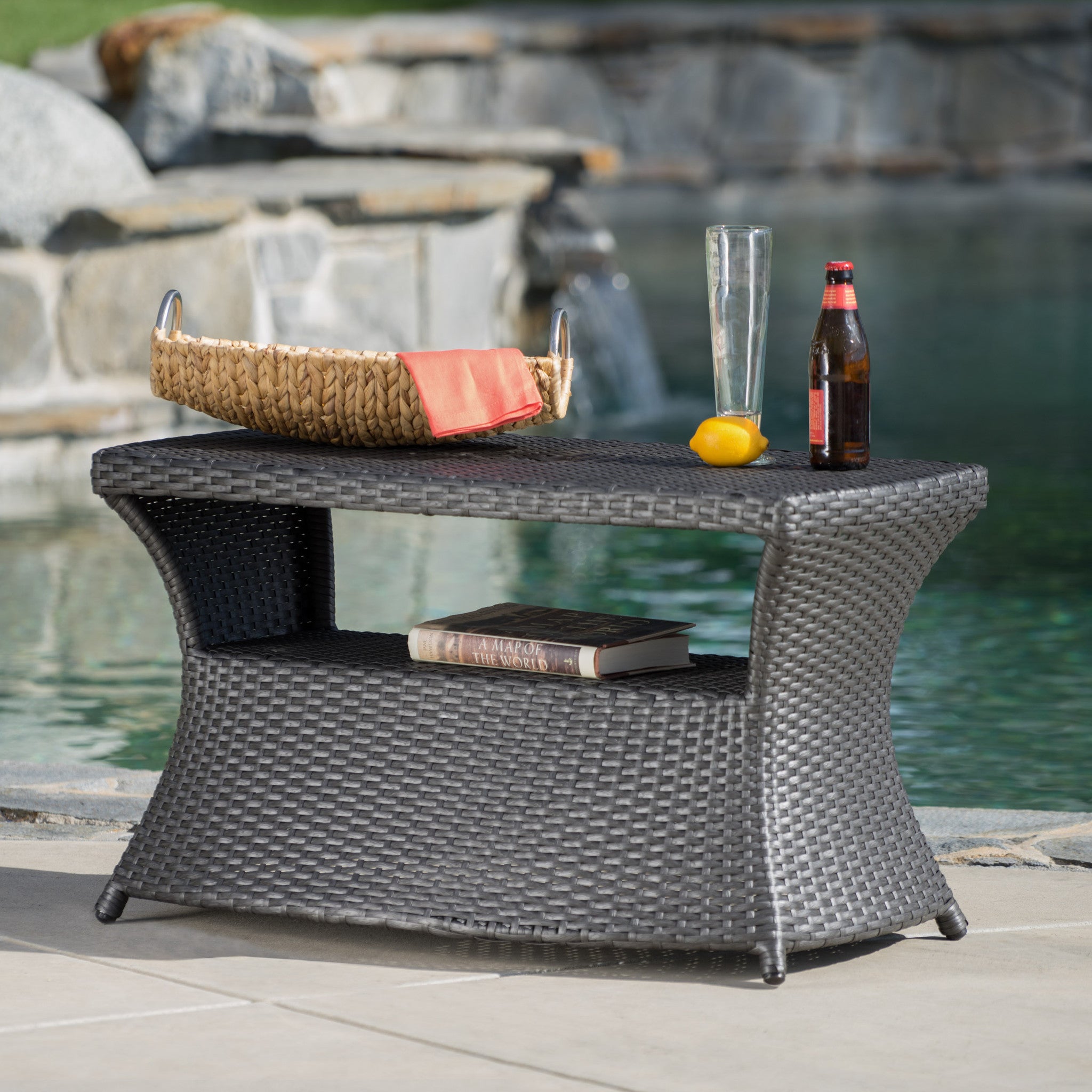 Banta Outdoor Modern Wicker Shelf Side Table with Umbrella Hole – GDFStudio