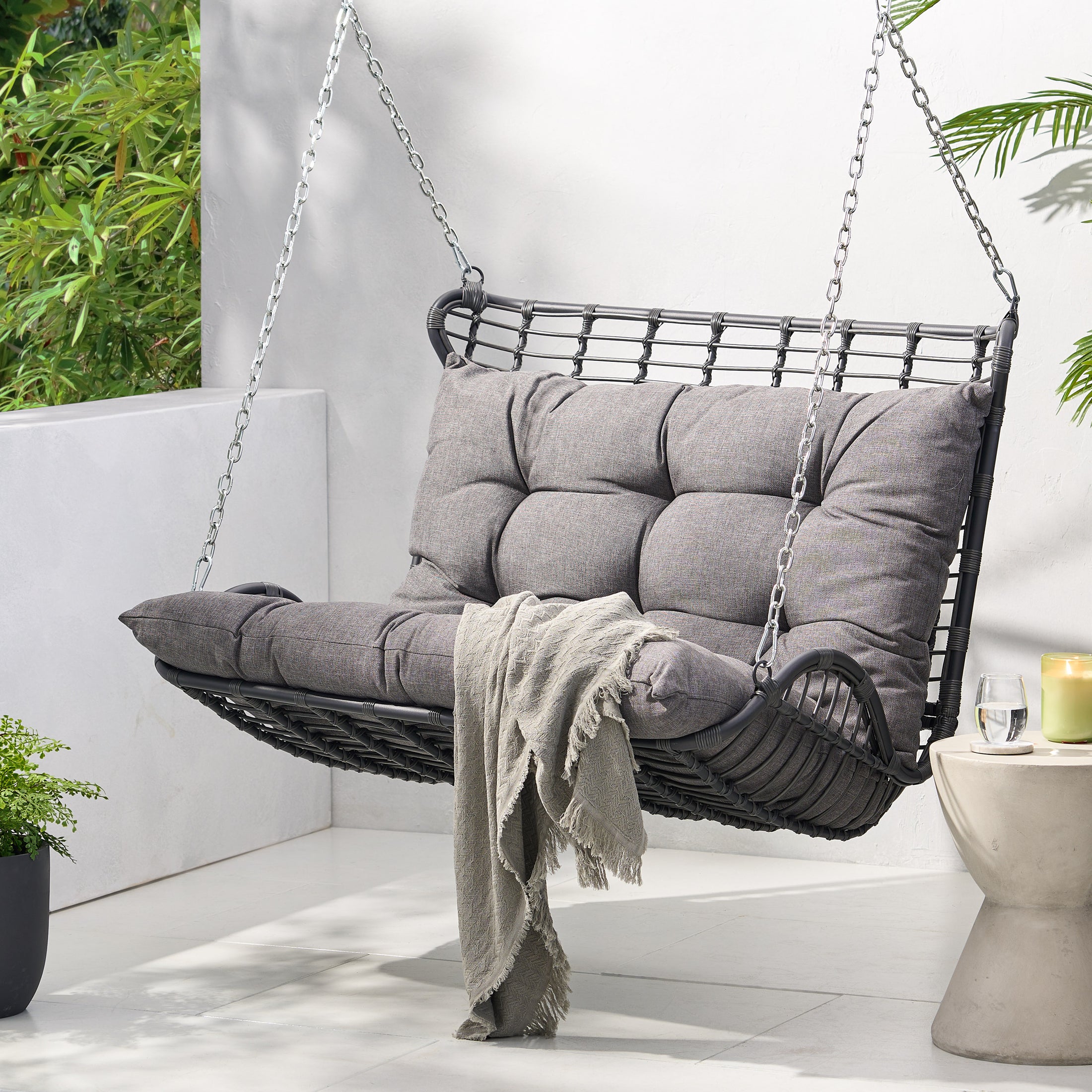 Matthew Outdoor Wicker Porch Swing with Cushions – GDFStudio