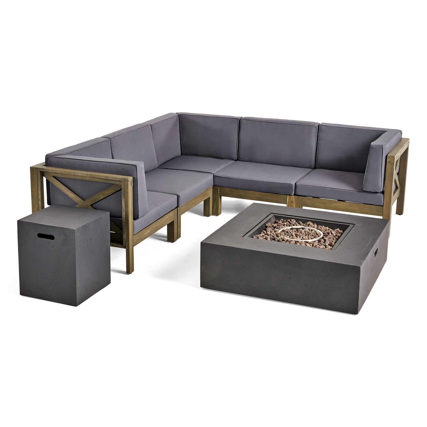 Kaylee Outdoor Acacia Wood 5 Seater Sectional Sofa Set with Fire Pit ...